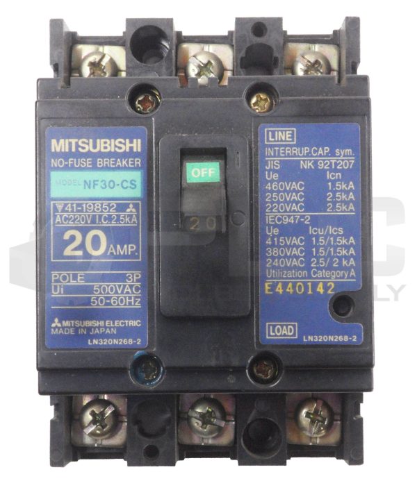 MITSUBISHI NF30-CS CIRCUIT BREAKER 20A 3P 500VAC 50/60HZ NO-FUSE BREAKER - PLC Toolbox Supply