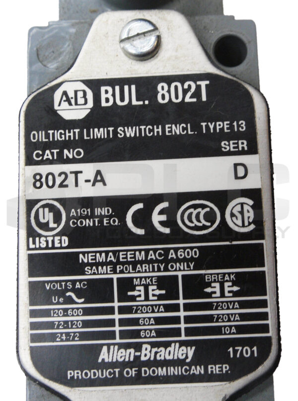 ALLEN BRADLEY 802T-A /D OILTIGHT LIMIT SWITCH W/ Z-16065 OPERATOR HEAD ...