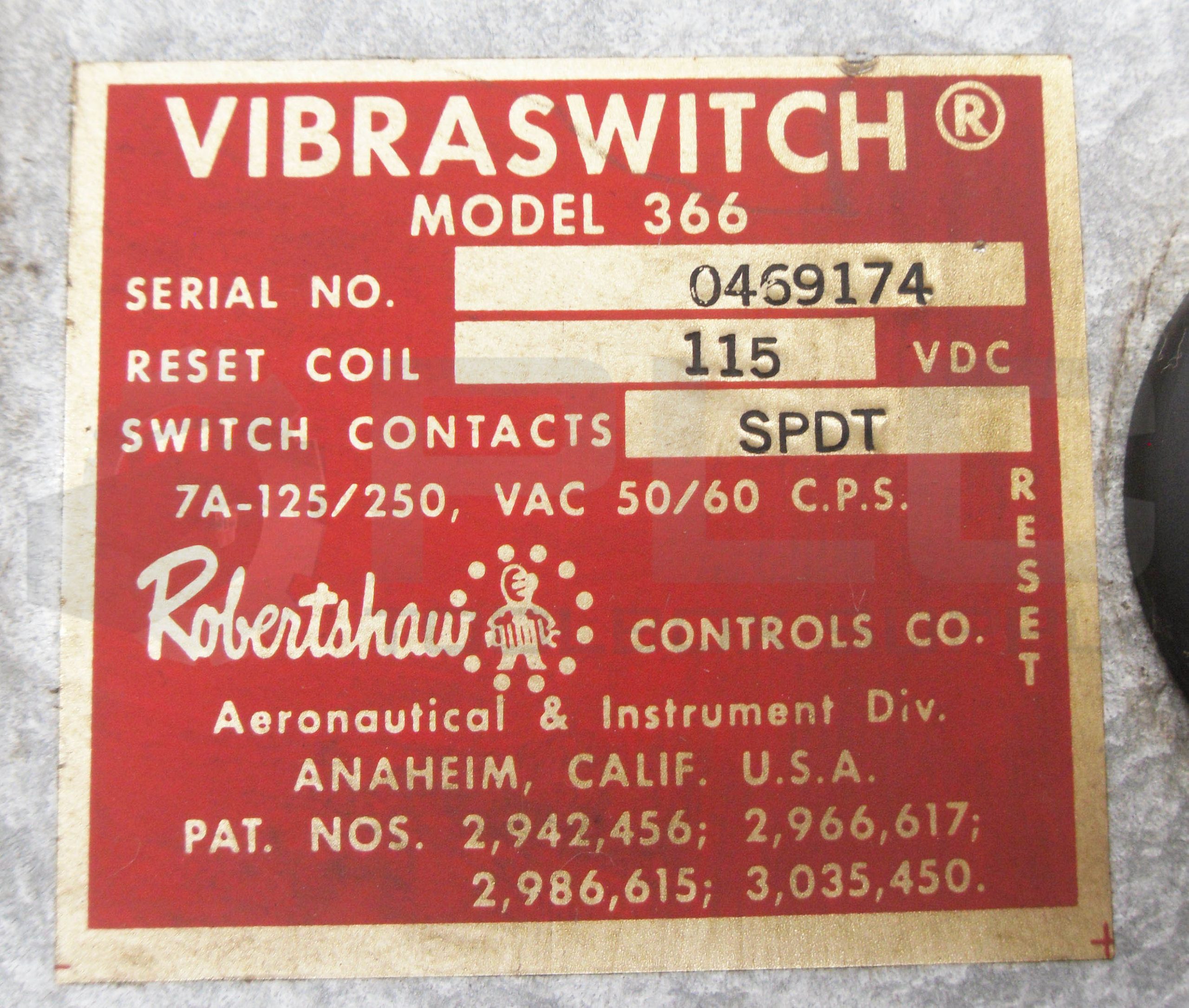 NEW ROBERTSHAW 366 VIBRASWITCH 115VDC 7A 125-250VAC 50/60HZ *READ ...