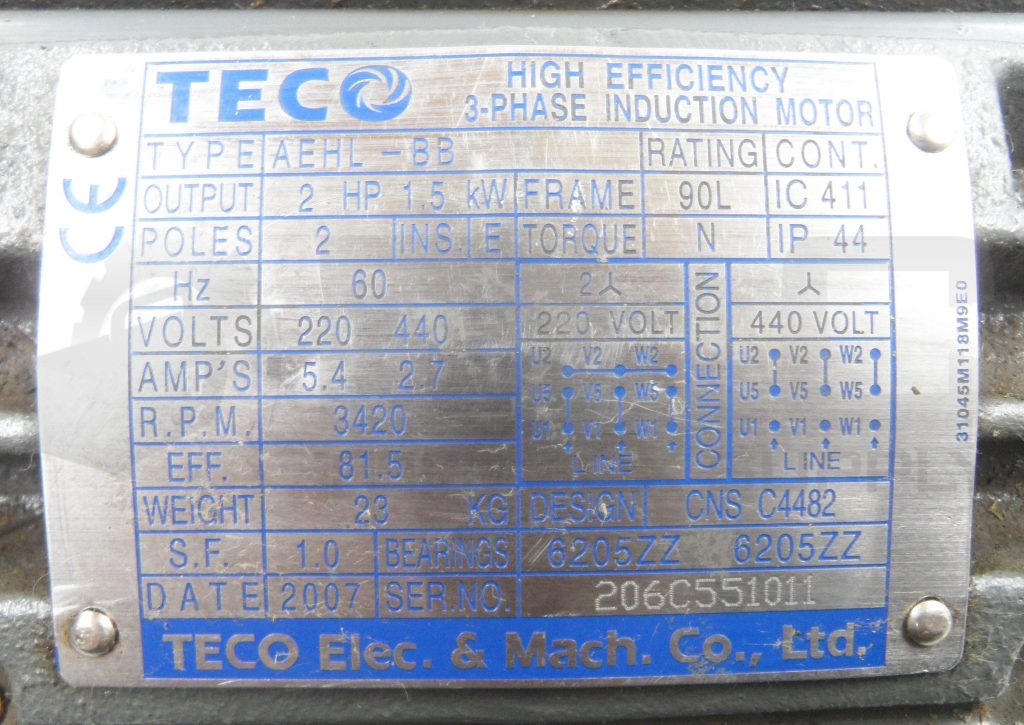 TECO AEHL-BB INDUCTION MOTOR 3PH 2HP 1.5KW 90L FR 2P 60HZ 220/440V W ...