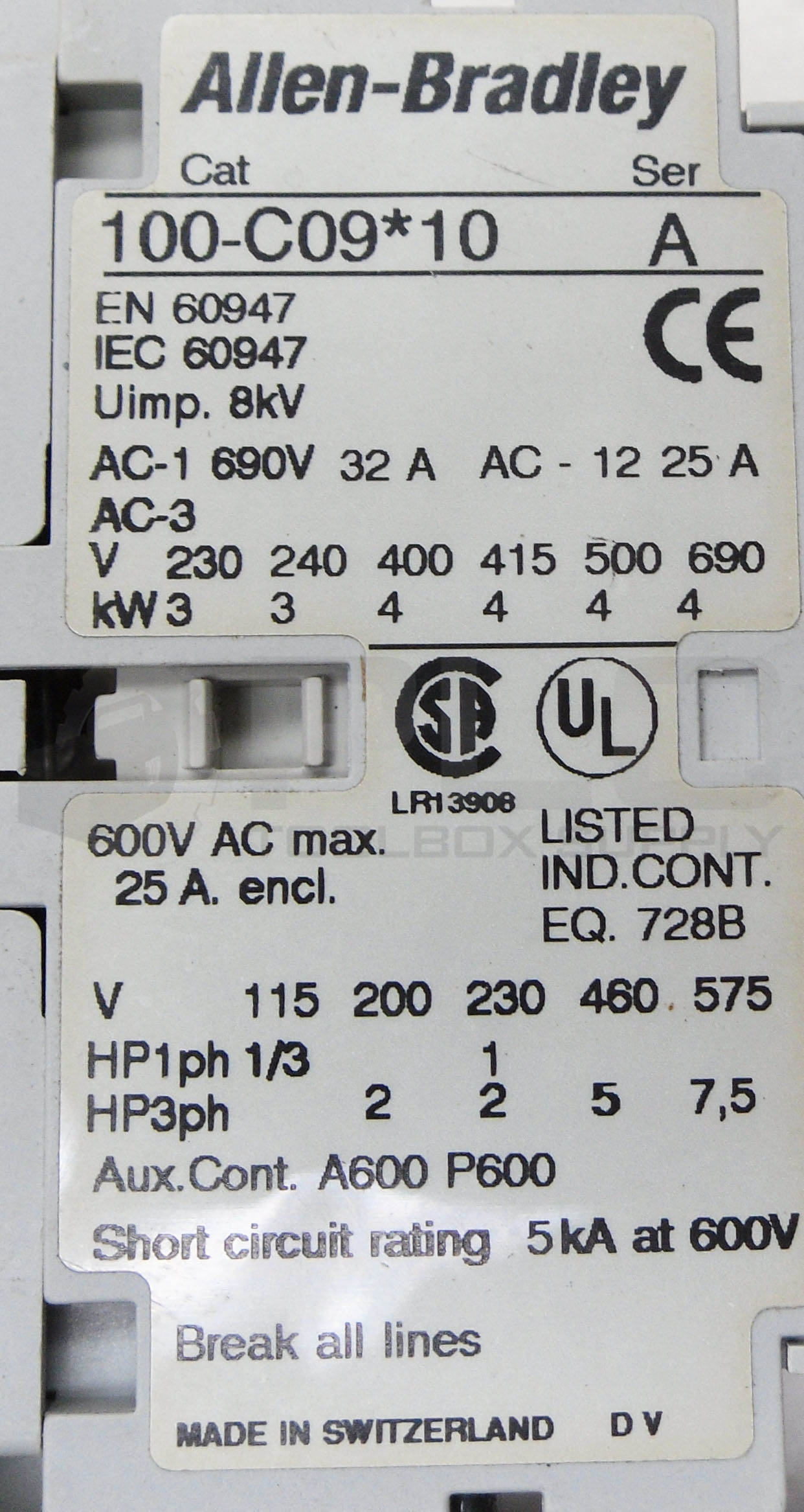 ALLEN BRADLEY 100-C09*10 /A CONTACTOR 600VAC 25A W/ 193-EA1EB /B OVERLOAD RELAY - PLC Toolbox Supply
