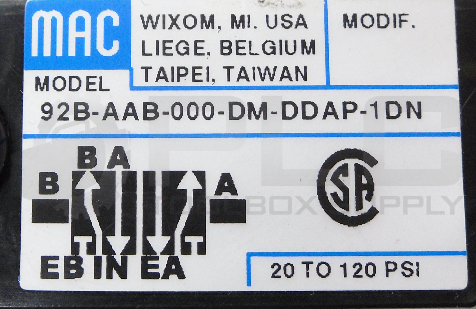 MAC VALVES 92B-AAB-000-DM-DDAP-1DN SOLENOID VALVE 20-120PSI W/ DMB-DDAP-1DN COIL - PLC Toolbox ...