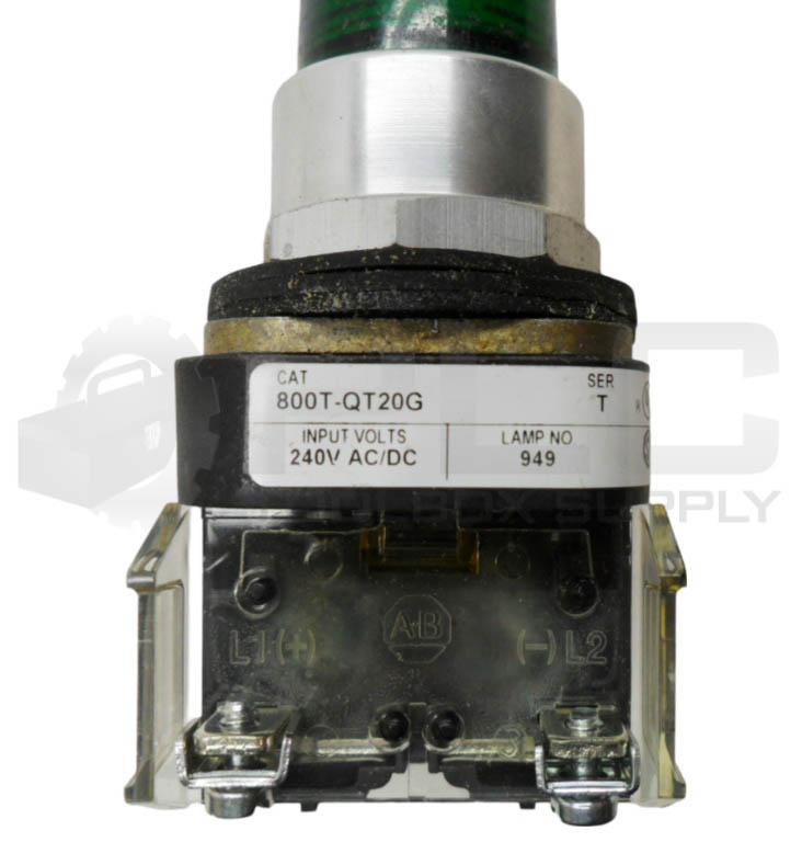 ALLEN BRADLEY 800T-QT20G /T PUSH BUTTON GREEN W/ 800T-XA /D CONTACT BLOCK - PLC Toolbox Supply