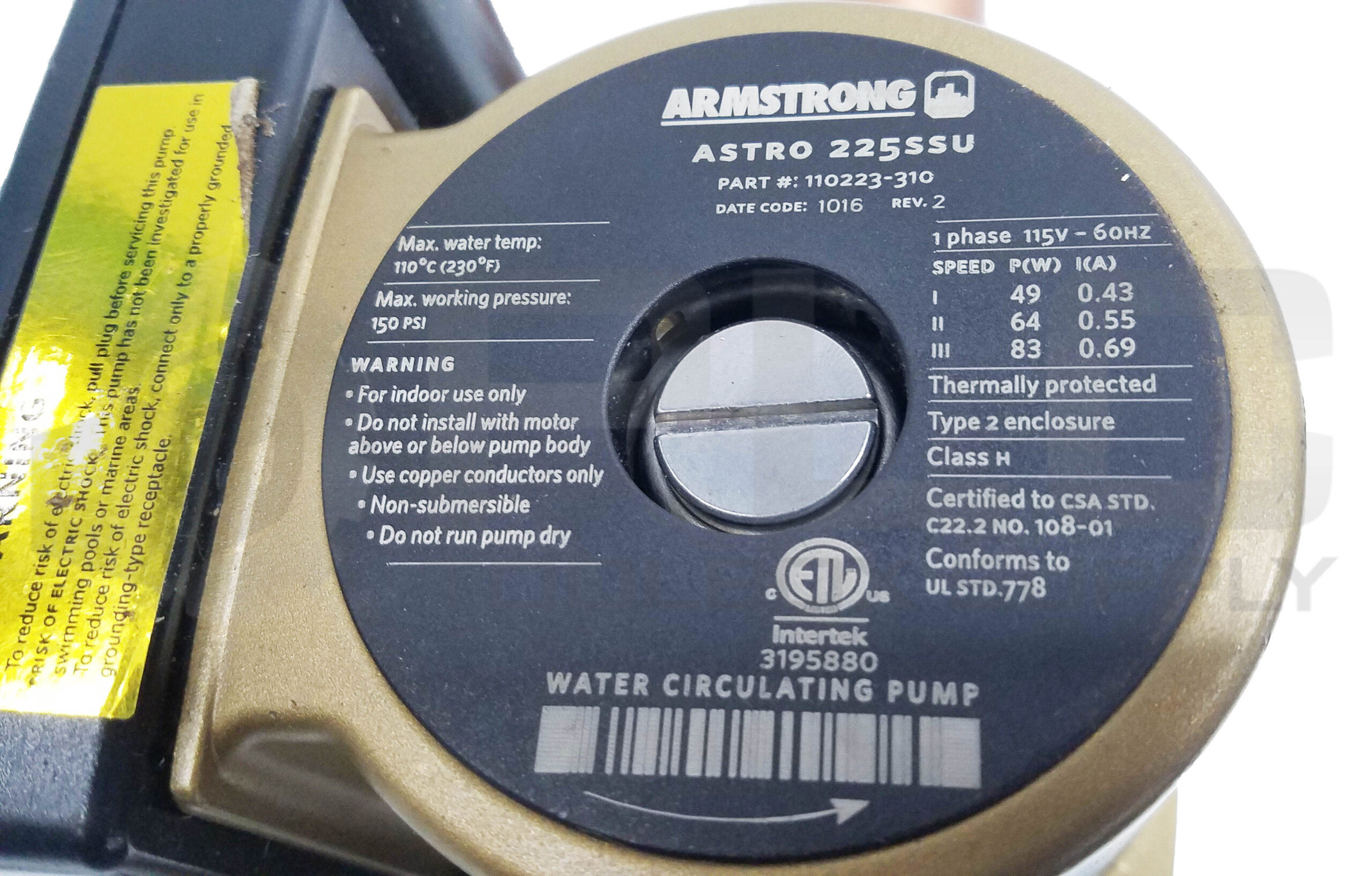 ARMSTRONG 110223-310 WATER CIRCULATING PUMP, 225SSU - PLC Toolbox Supply