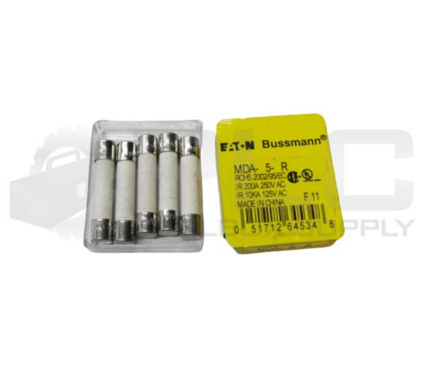 NEW BOX OF 5 EATON BUSSMANN MDA-5-R FUSE 5A 250VAC - PLC Toolbox Supply