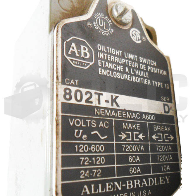ALLEN BRADLEY 802T-K /D LIMIT SWITCH 600VAC 60A W/ Z-16736 OPERATOR ...