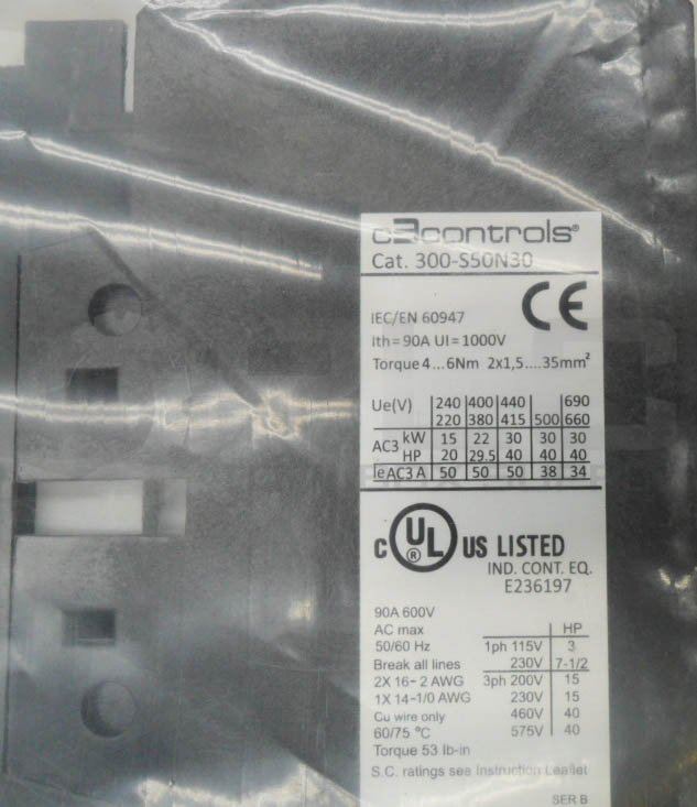 NEW C3 CONTROLS 300-S50N30D10 CONTACTOR 10-120V 50/60HZ 3P 50A - PLC ...