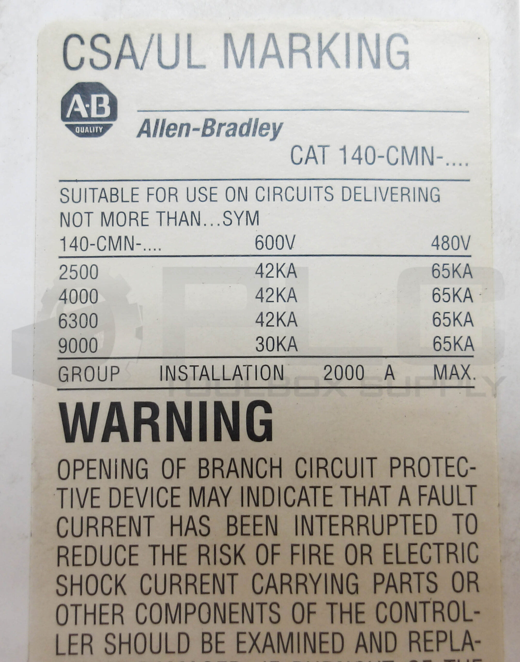 ALLEN BRADLEY 140-CMN-2500 /B CIRCUIT BREAKER W/ 140-CA11 /A CONTACT ...