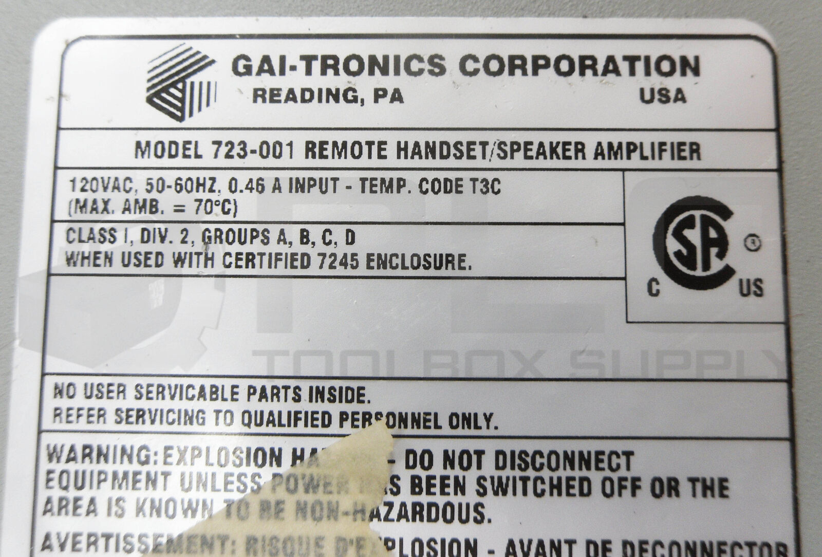 NEW GAI-TRONICS 723-001 REMOTE HANDSET/SPEAKER AMPLIFIER 120VAC 50-60HZ 0.46A - PLC Toolbox Supply