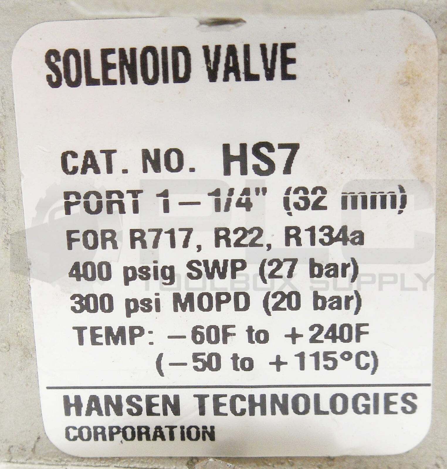 NEW HANSEN TECHNOLOGIES HS7 SOLENOID VALVE 1-1/4 NEW HANSEN TECHNOLOGIES HS7 SOLENOID VALVE 1-1/4