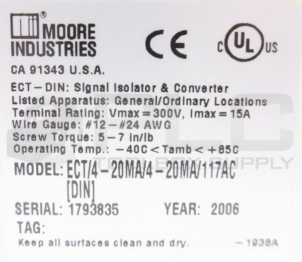 NEW MOORE INDUSTRIES ECT/4-20MA/4-20MA/117AC SIGNAL ISOLATOR & CONVERTER - PLC Toolbox Supply