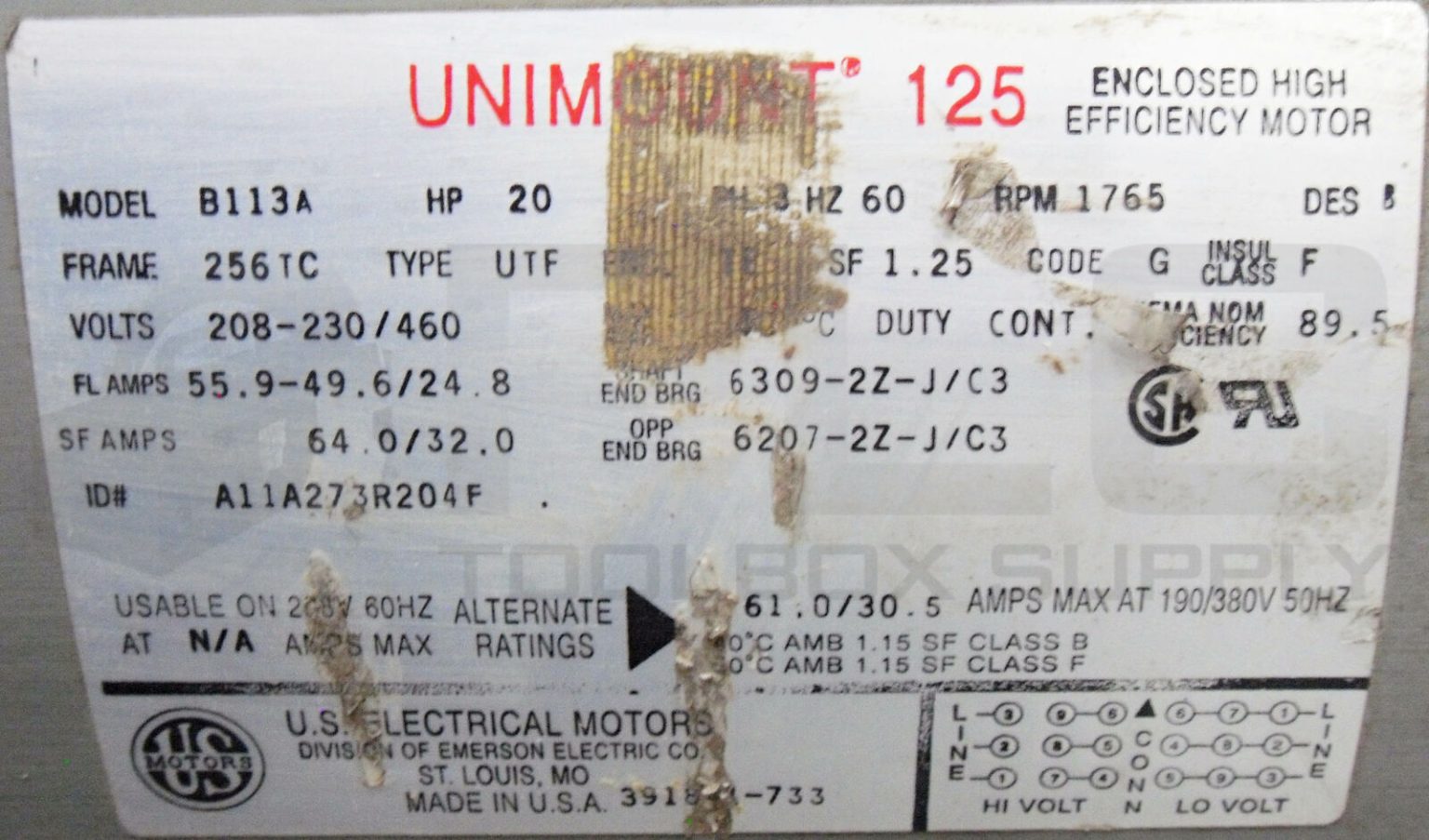 NEW US MOTORS UNIMOUNT 125 B113A MOTOR 20HP 3PH 208-230/460V 60HZ ...