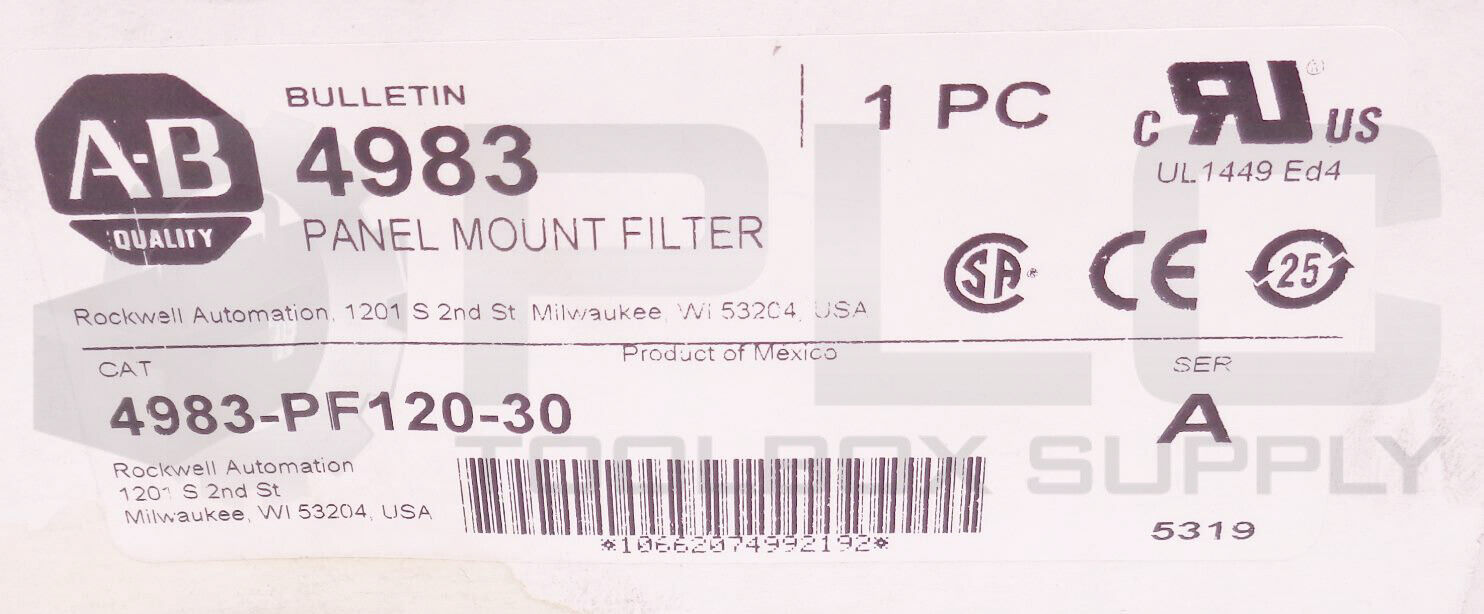 NEW ALLEN BRADLEY 4983-PF120-30 SER A PANEL MOUNT FILTER 120VAC 50/60HZ ...