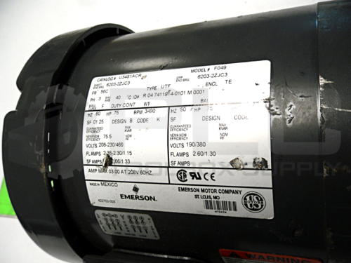 NEW EMERSON U34S1ACR MOTOR 6203-2ZJC FR:56C .75HP 3490RPM - PLC Toolbox Supply