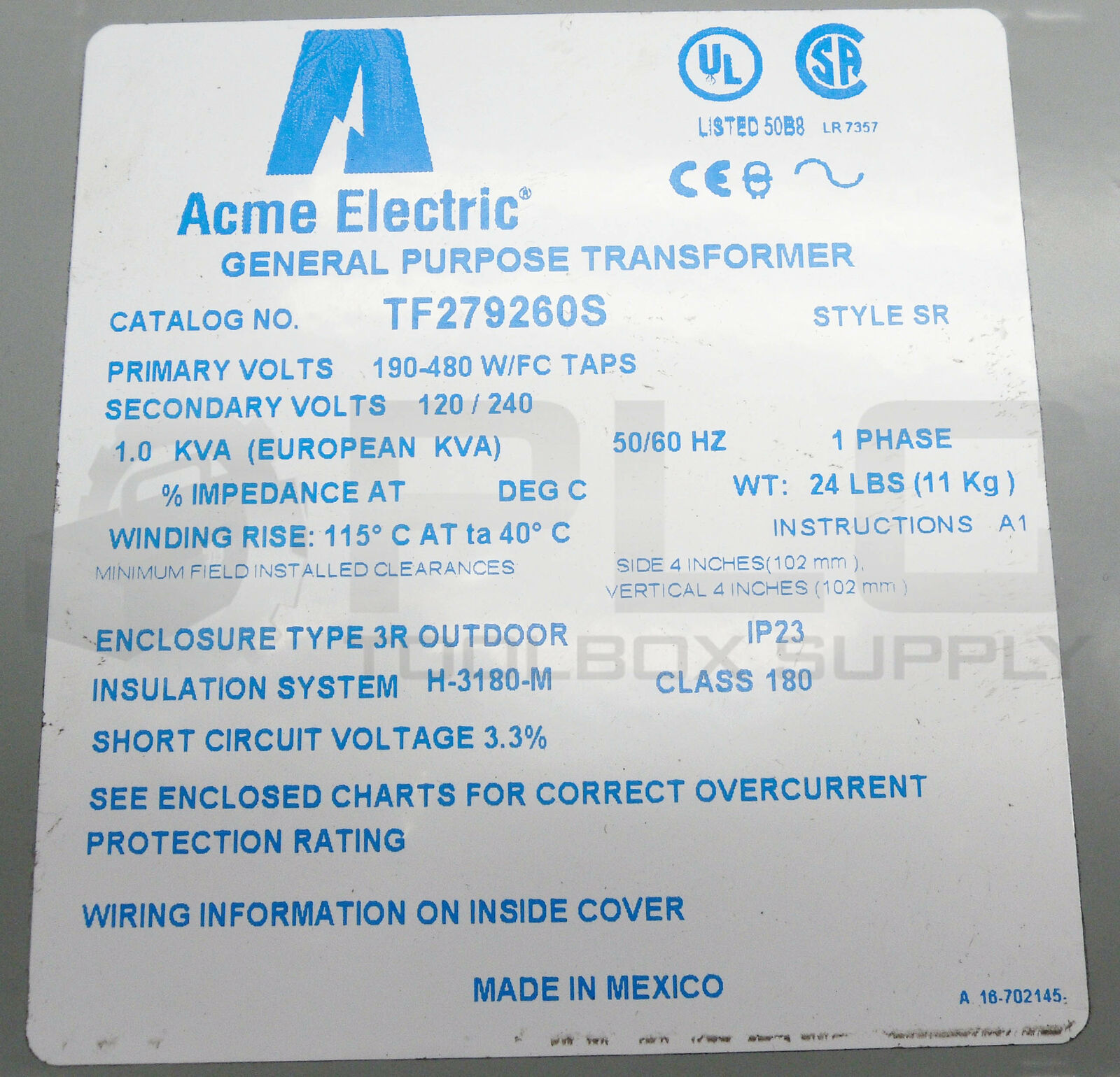NEW ACME ELECTRIC TF279260S GENERAL PURPOSE TRANSFORMER 190-480V 50 ...