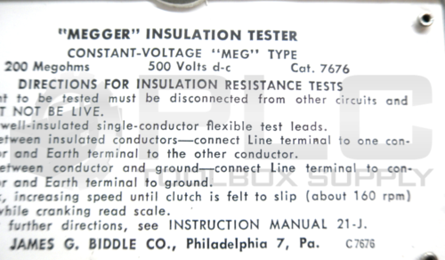MEGGAR 7676 INSULATION TESTERS MEG TYPE OHM SCALE - PLC Toolbox Supply