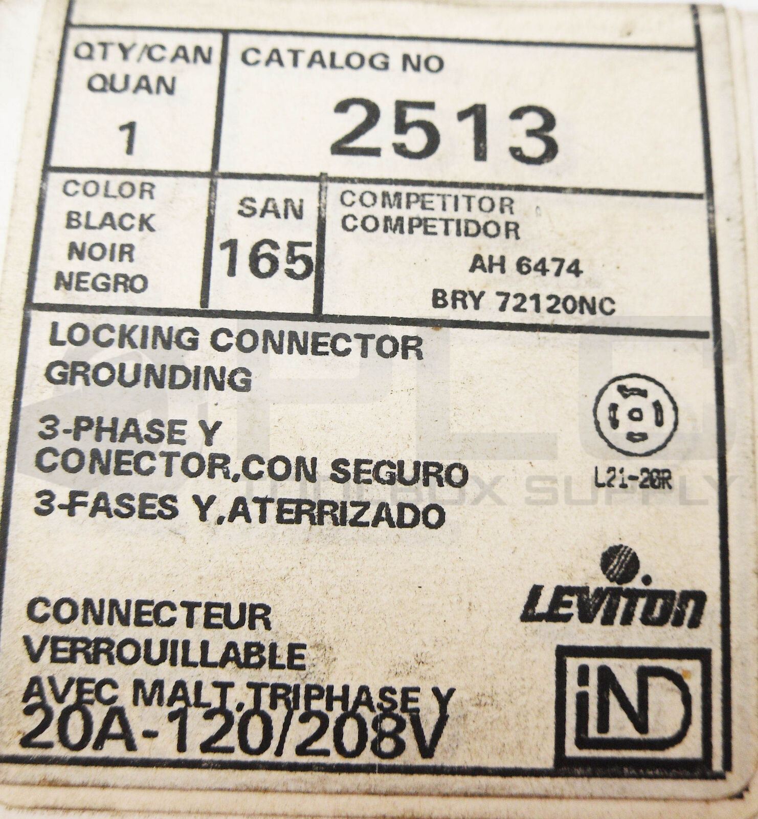 NEW LEVITON 2513 LOCKING CONNECTOR GROUNDING 3 PHASE Y CONNECTOR L21 ...