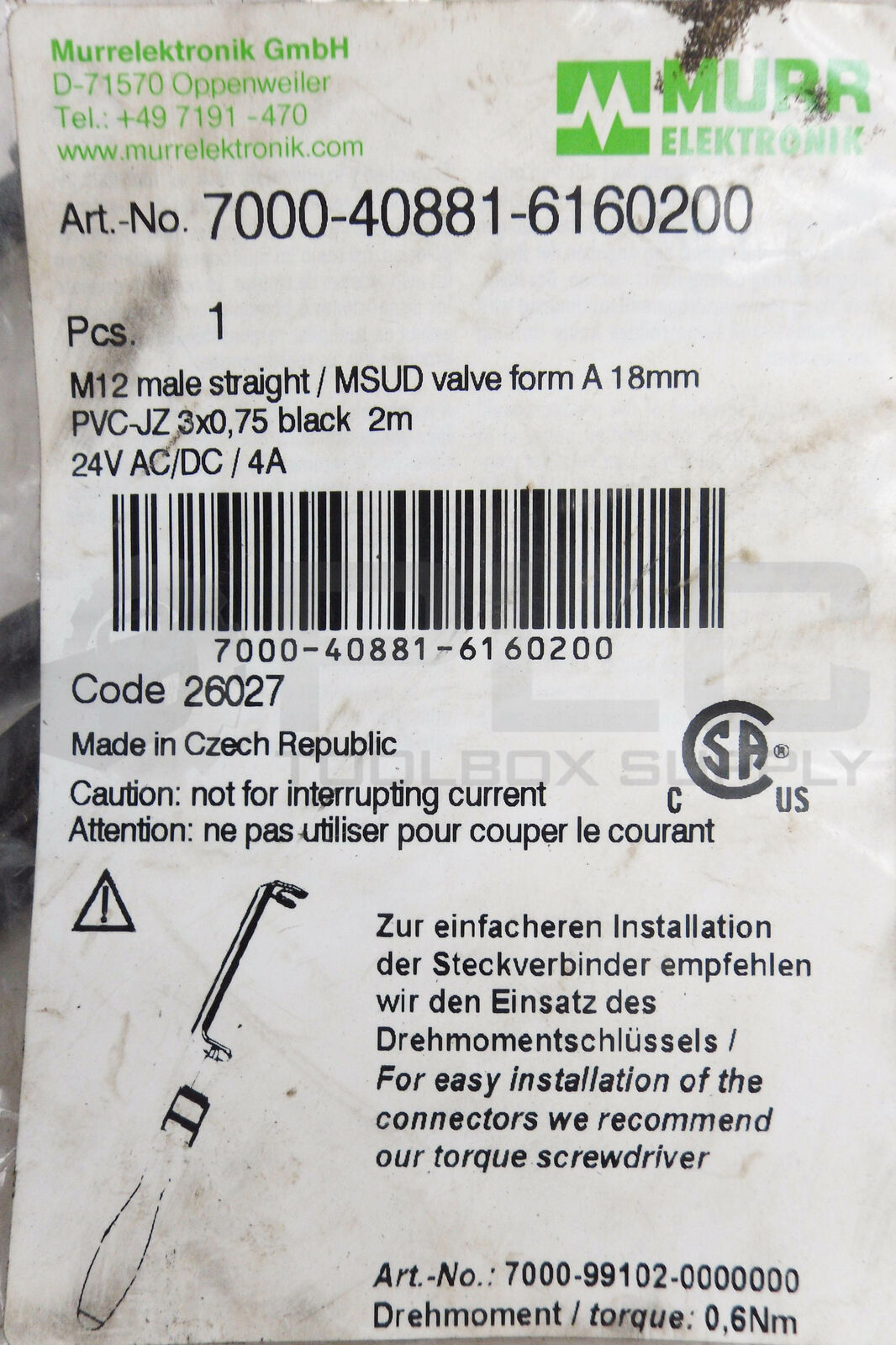 NEW MURR ELEKTRONIK 7000-40881-6160200 M12 MALE / MSUD VALVE PLUG FORM ...
